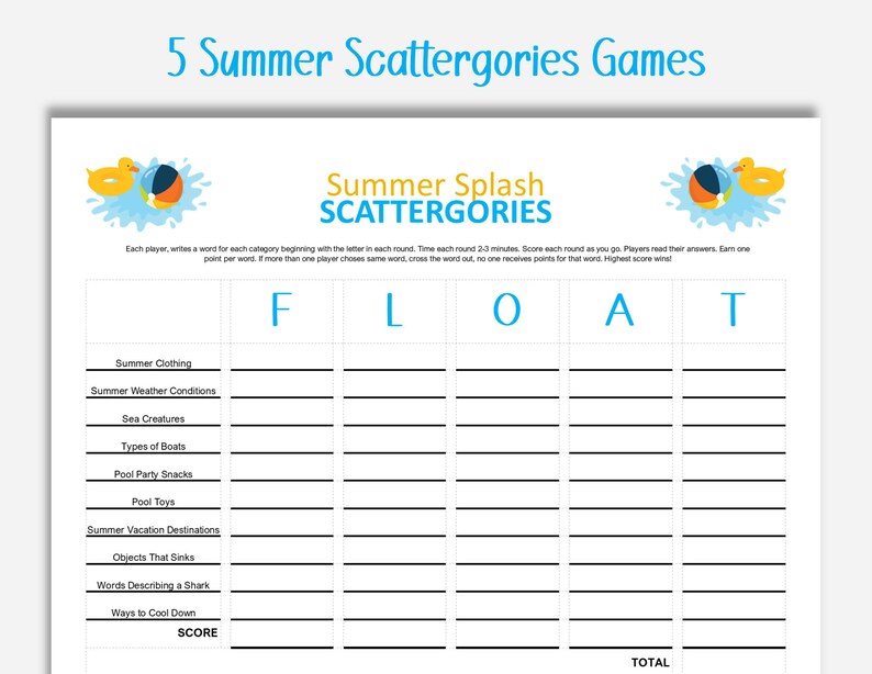 Summer Scattergories Fiesta - 5 Printable Fun-in-the-sun Games Bundle ...