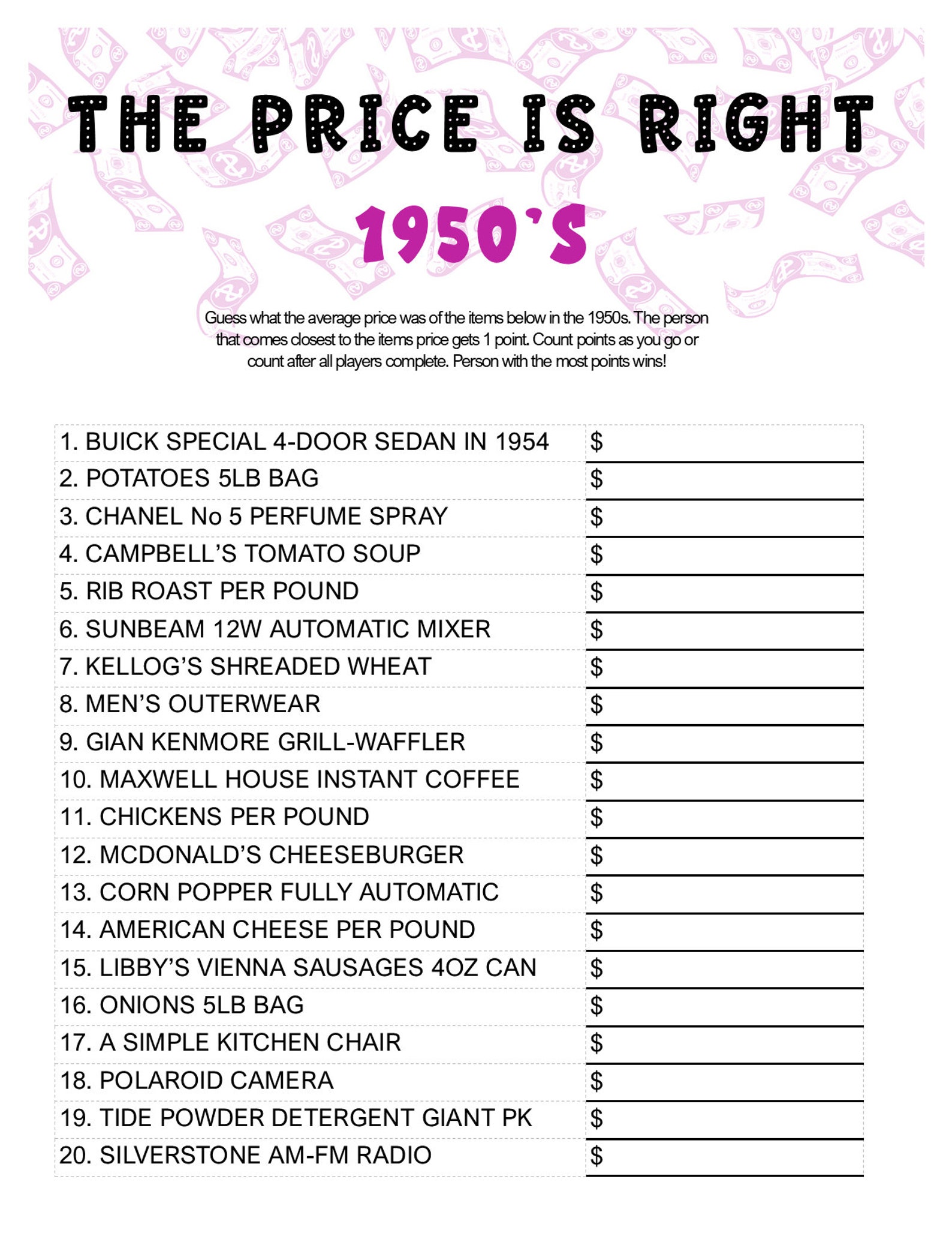 Printable 1950's the Price is Right Game: Bring the Classic Game Show ...