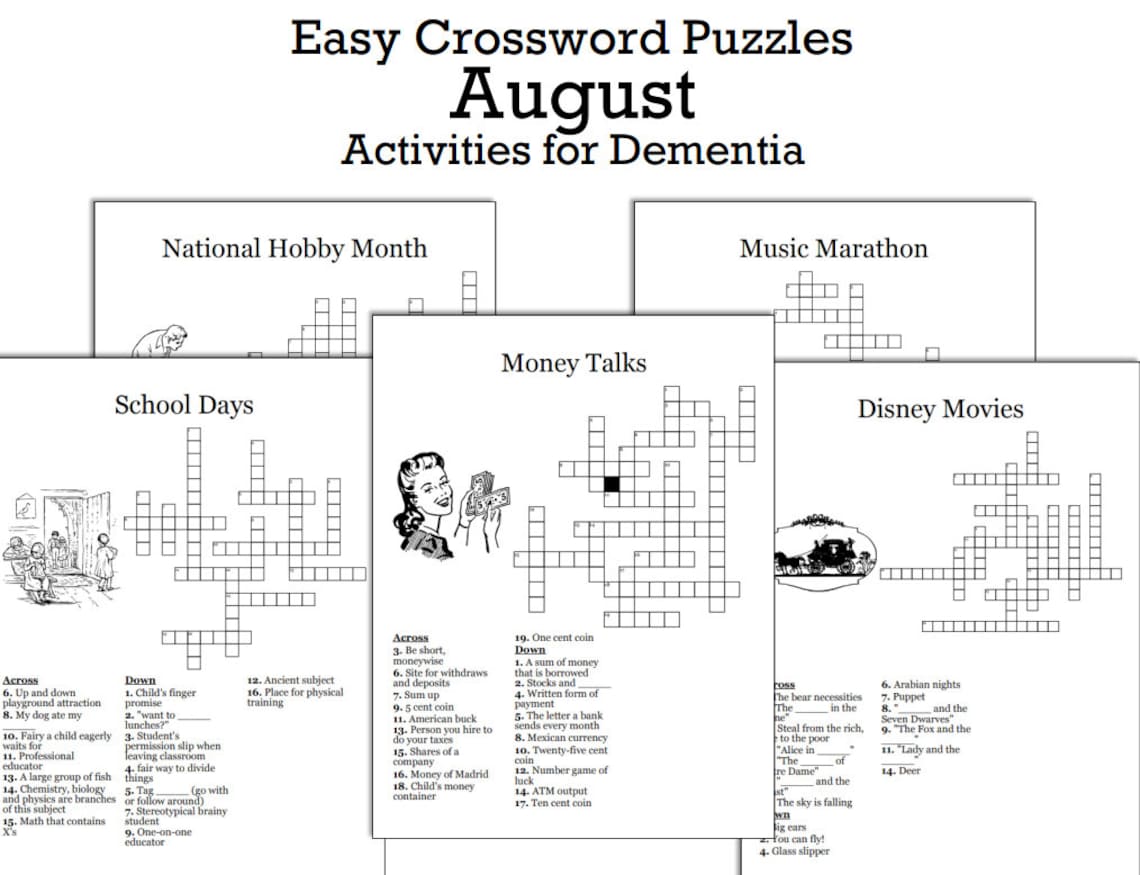 Easy August Crossword Puzzles for Alzheimer's & Dementia - Etsy