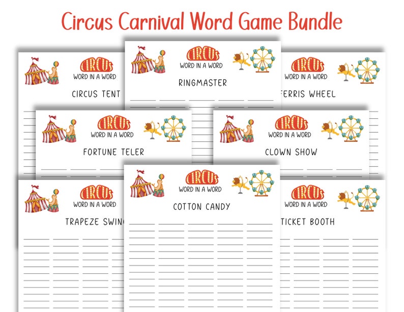 Circus Carnival Word Game Sheets: Printable Fun for Spectacular ...