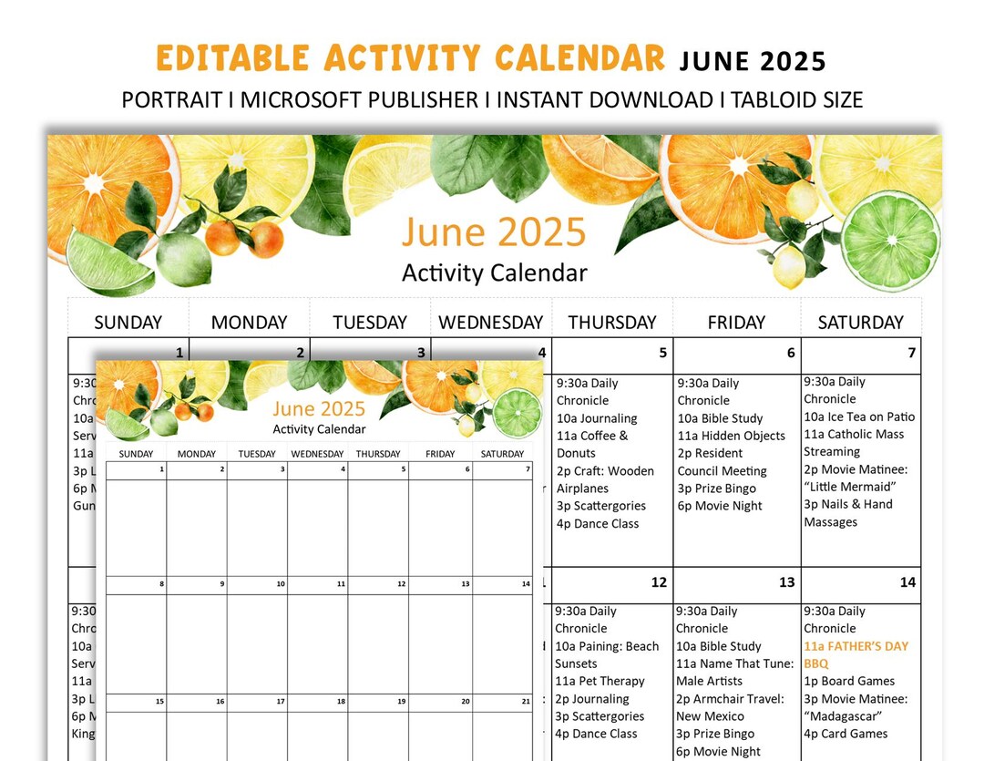 Editable June 2025 Senior Living Activity Calendar (tabloid 11" X 17 ...