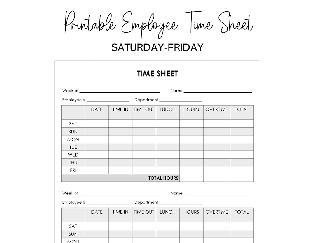 Printable Employee Time Sheet - Saturday to Monday - Etsy