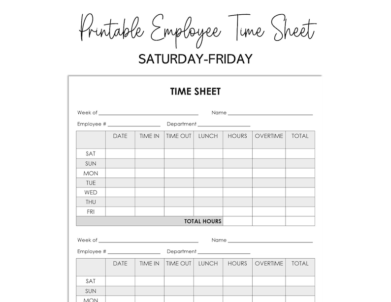 Printable Employee Time Sheet - Saturday to Monday - Etsy