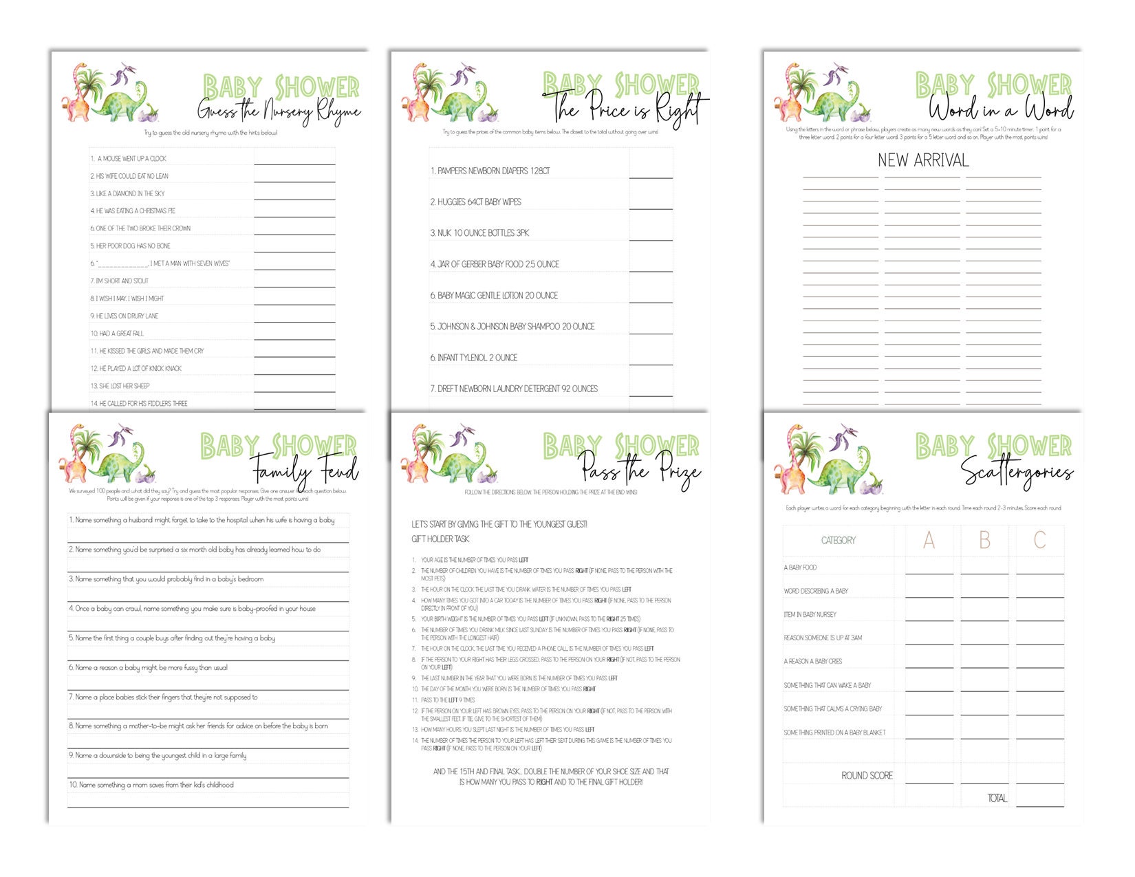 Dinosaur Baby Shower Games, Printable, Babyshower Games Bundle ...