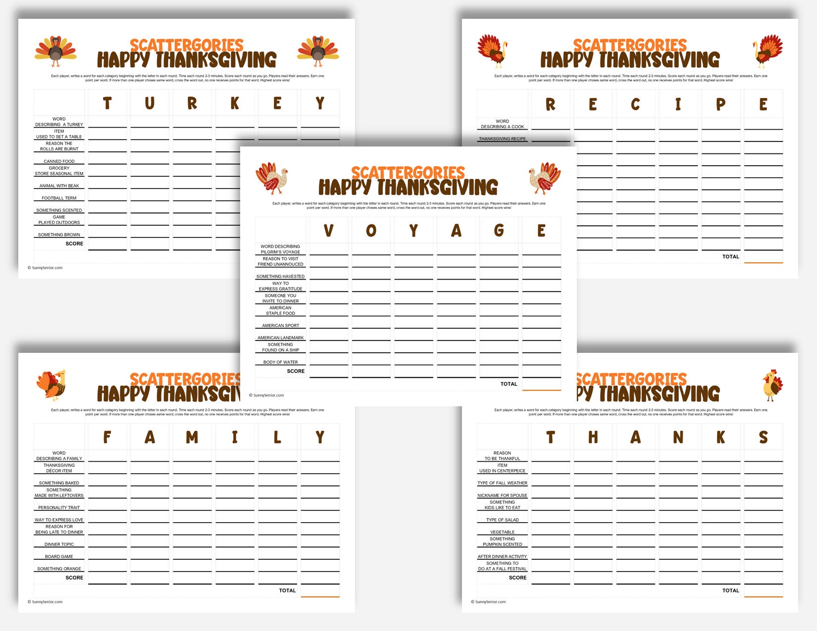 5 Pack Harvest Feast Thanksgiving Scattergories Games - Etsy