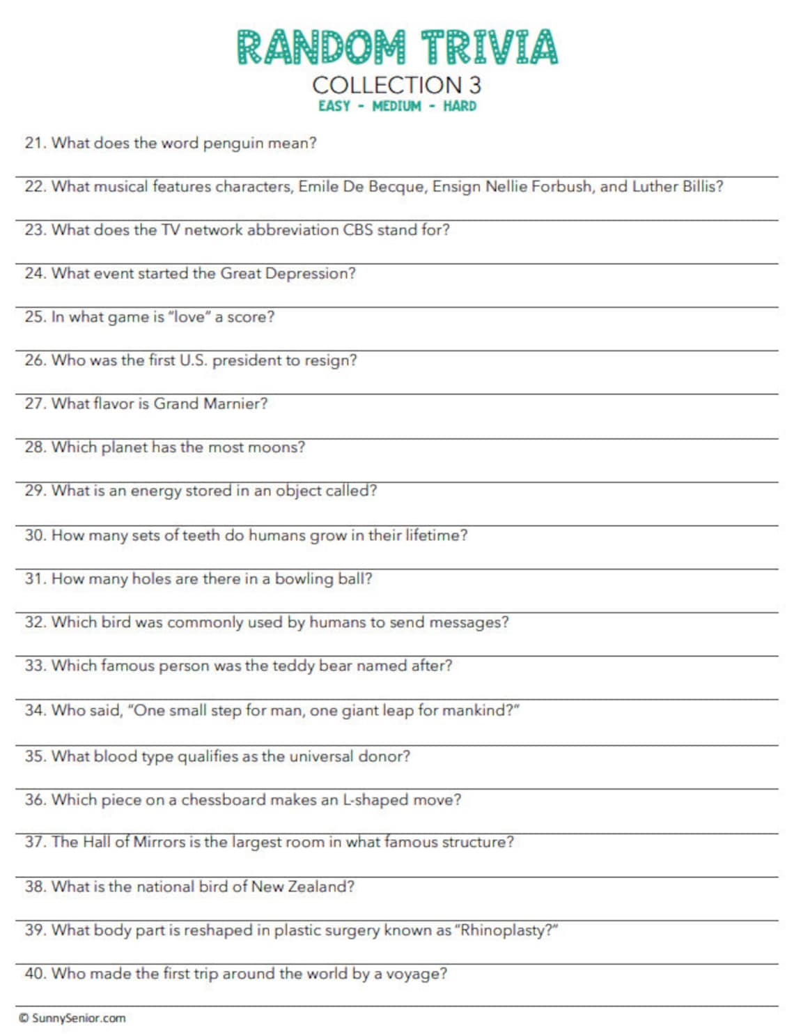 1200 Random Trivia Questions, Printable PDF, Designed for Seniors ...