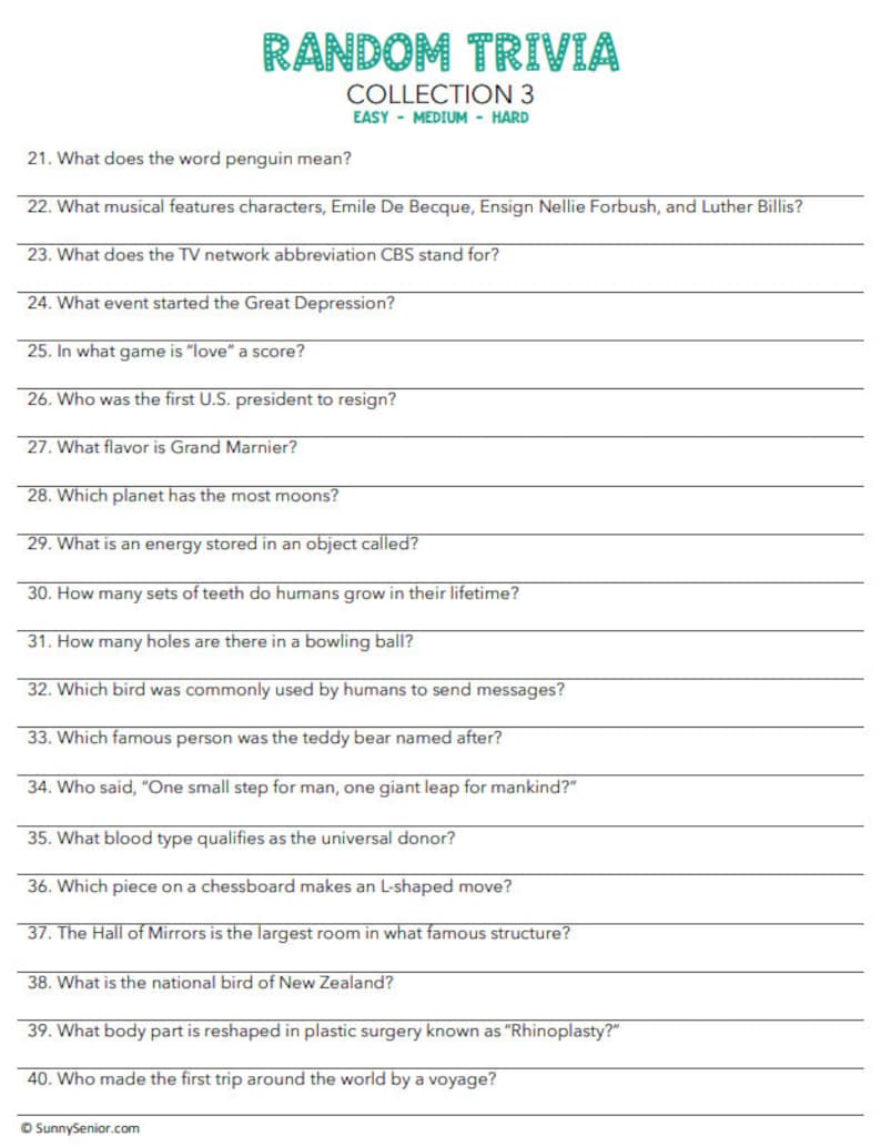 1200 Random Trivia Questions, Printable PDF, Designed for Seniors ...
