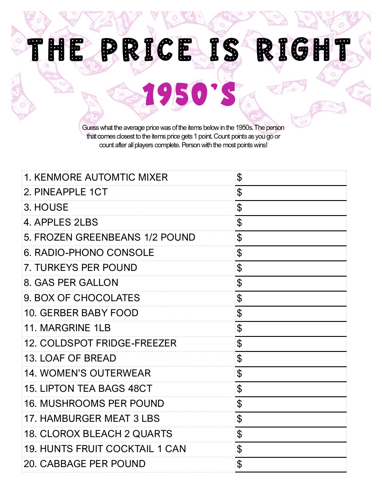 Printable 1950's the Price is Right Game: Bring the Classic Game Show ...