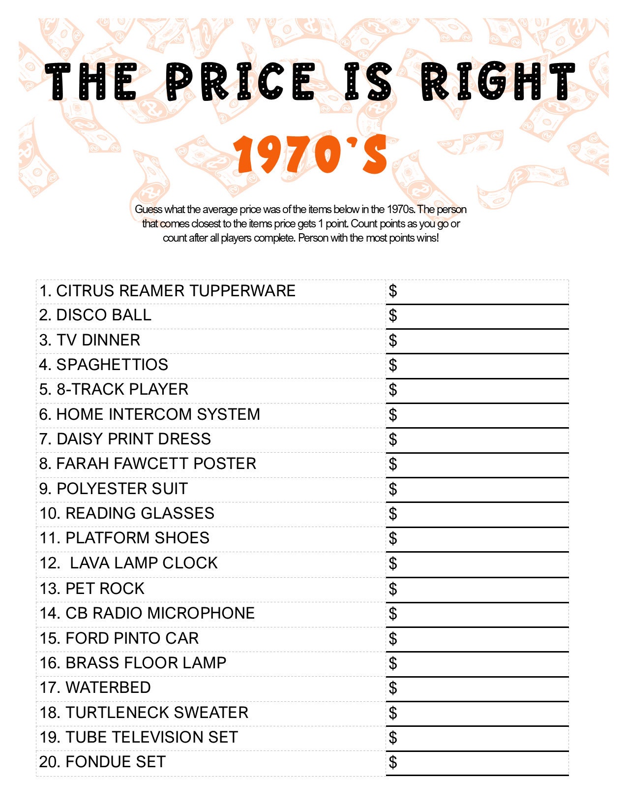 Printable 1970's the Price is Right Game: Bring the Classic Game Show ...