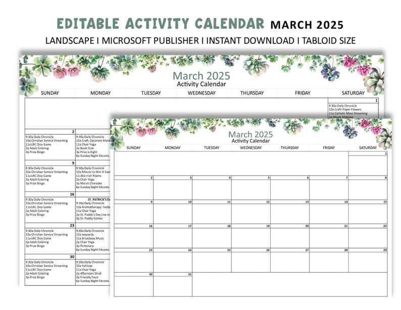 March 2025 Editable Monthly Activities Calendar for Senior Living ...