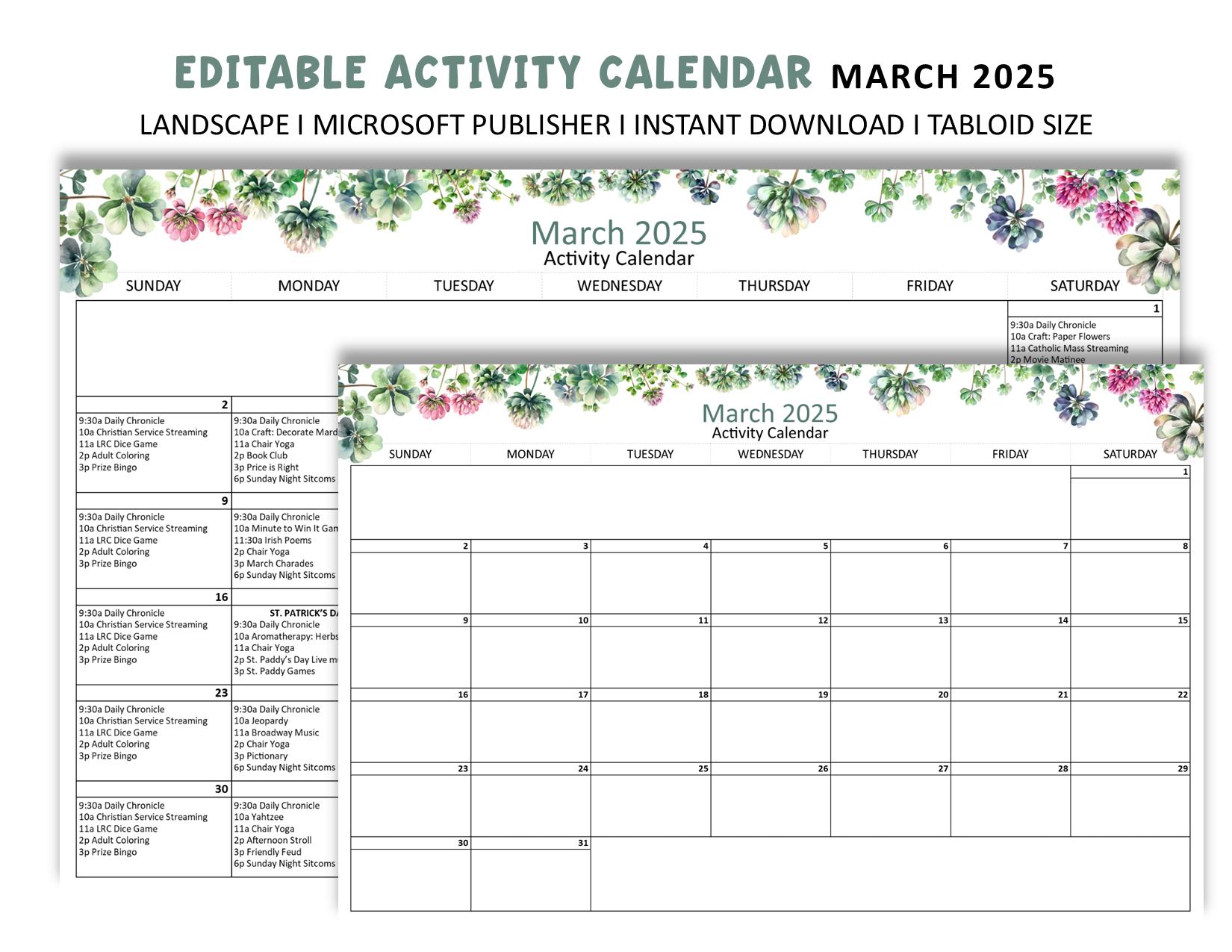March 2025 Editable Monthly Activities Calendar for Senior Living ...