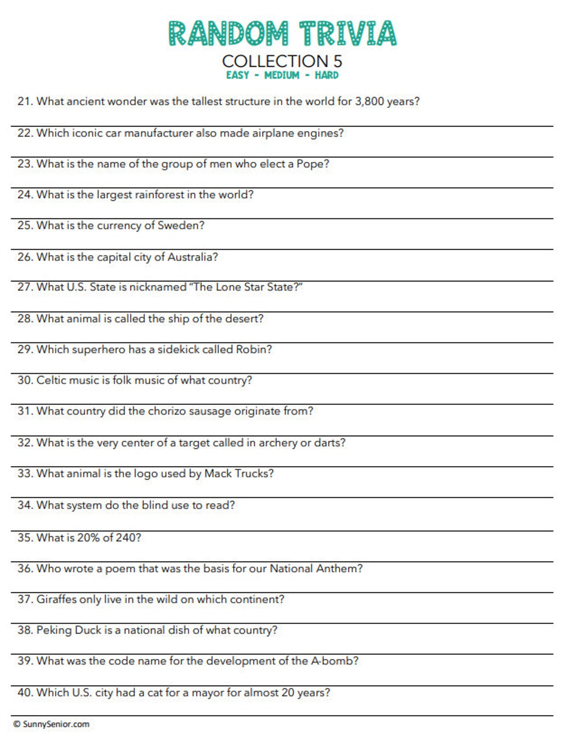 1200 Random Trivia Questions, Printable PDF, Designed for Seniors ...