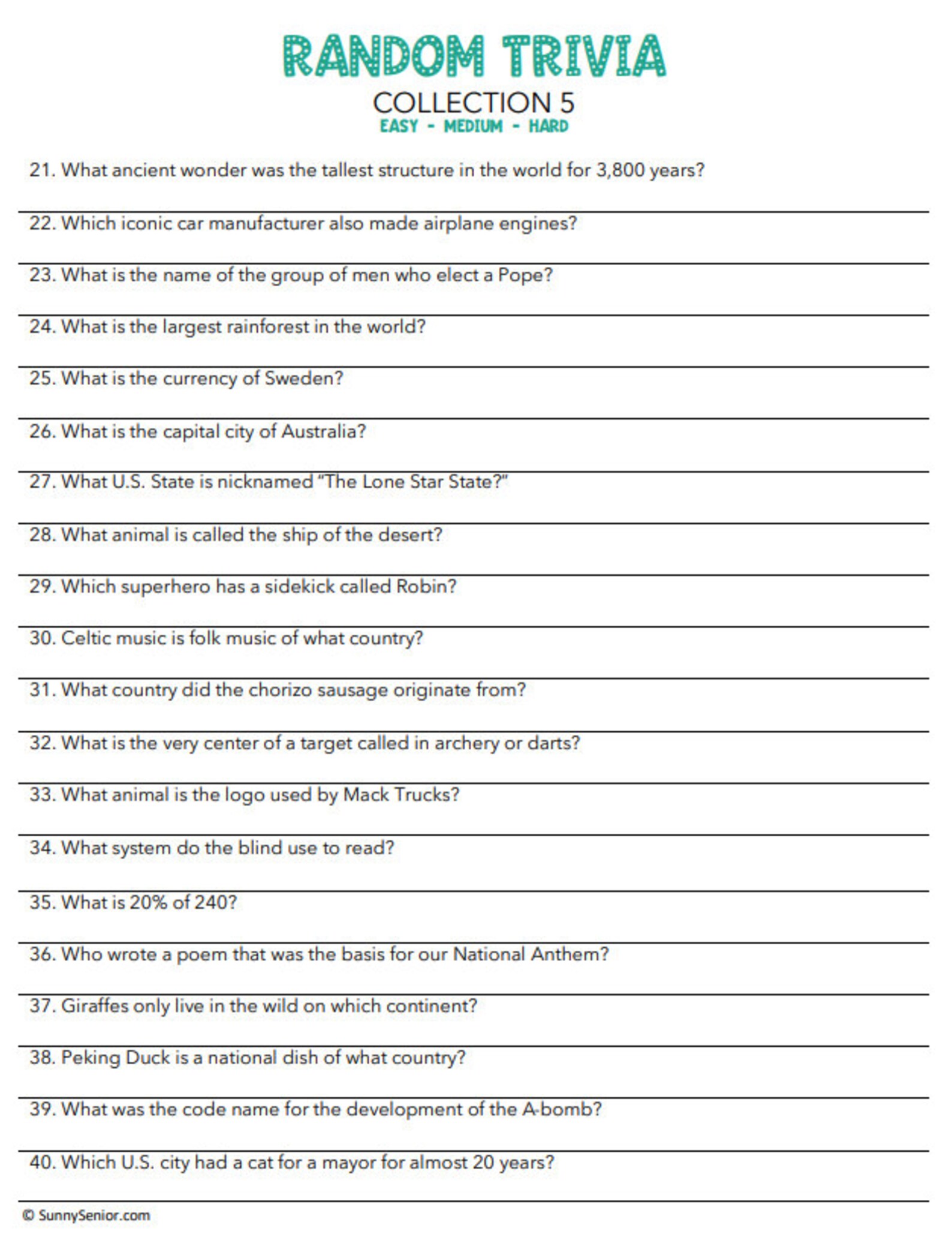 1200 Random Trivia Questions, Printable PDF, Designed for Seniors ...