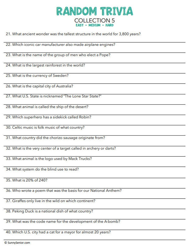 1200 Random Trivia Questions, Printable PDF, Designed for Seniors ...