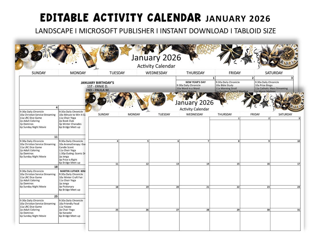 Editable January 2026 Senior Living Activity Calendar Landscape ...