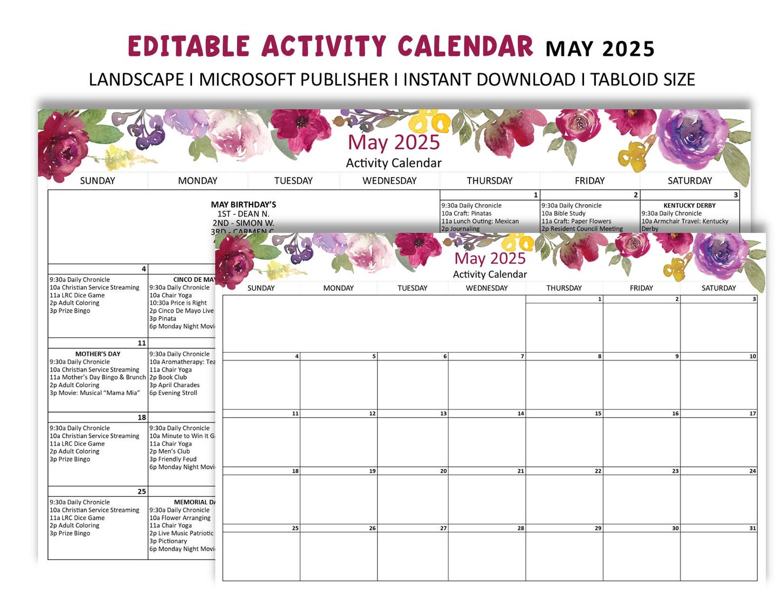 May 2025 Editable Monthly Activities Calendar for Senior Living ...