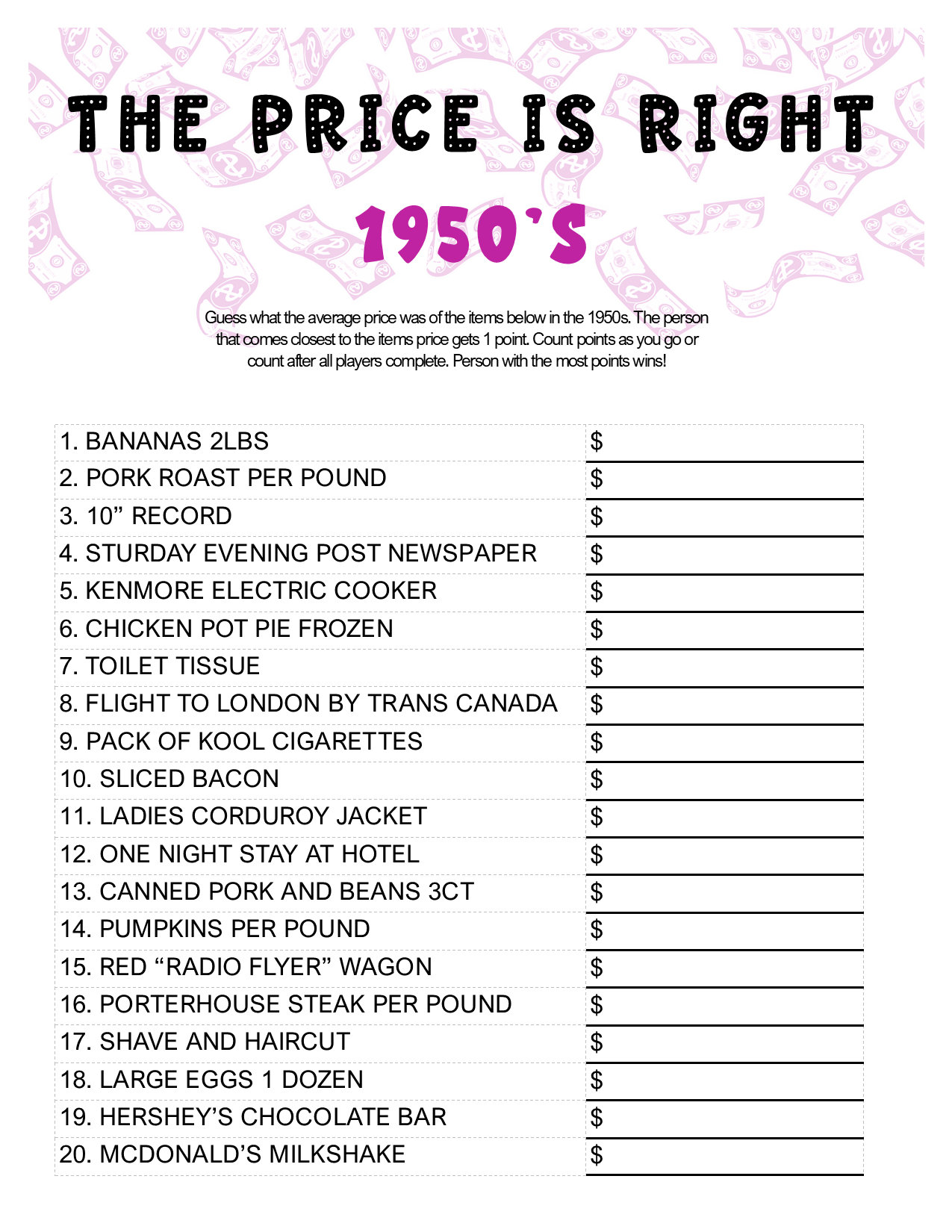Printable 1950's the Price is Right Game: Bring the Classic Game Show ...
