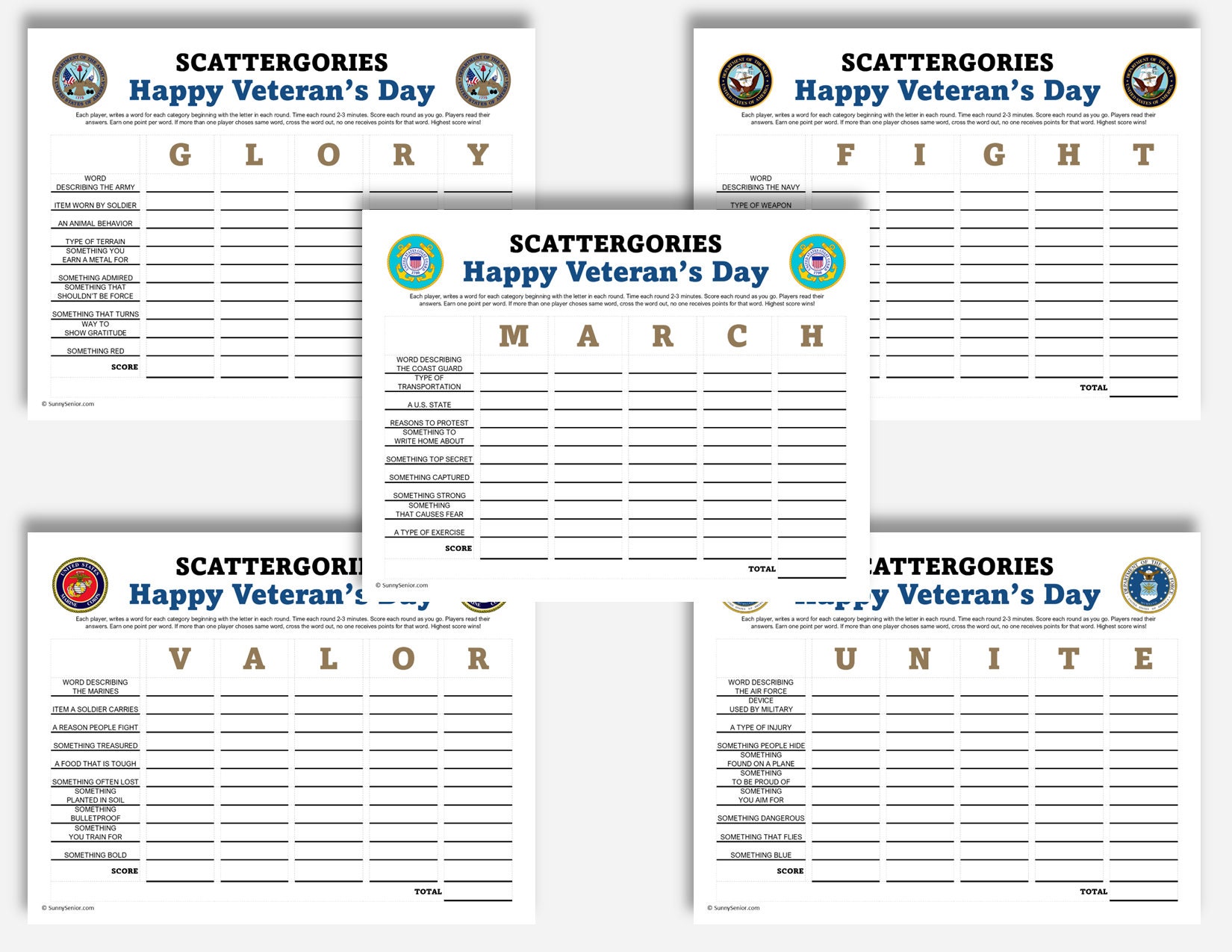 5 Pack Patriotic Veterans Day Scattergories Games - Etsy