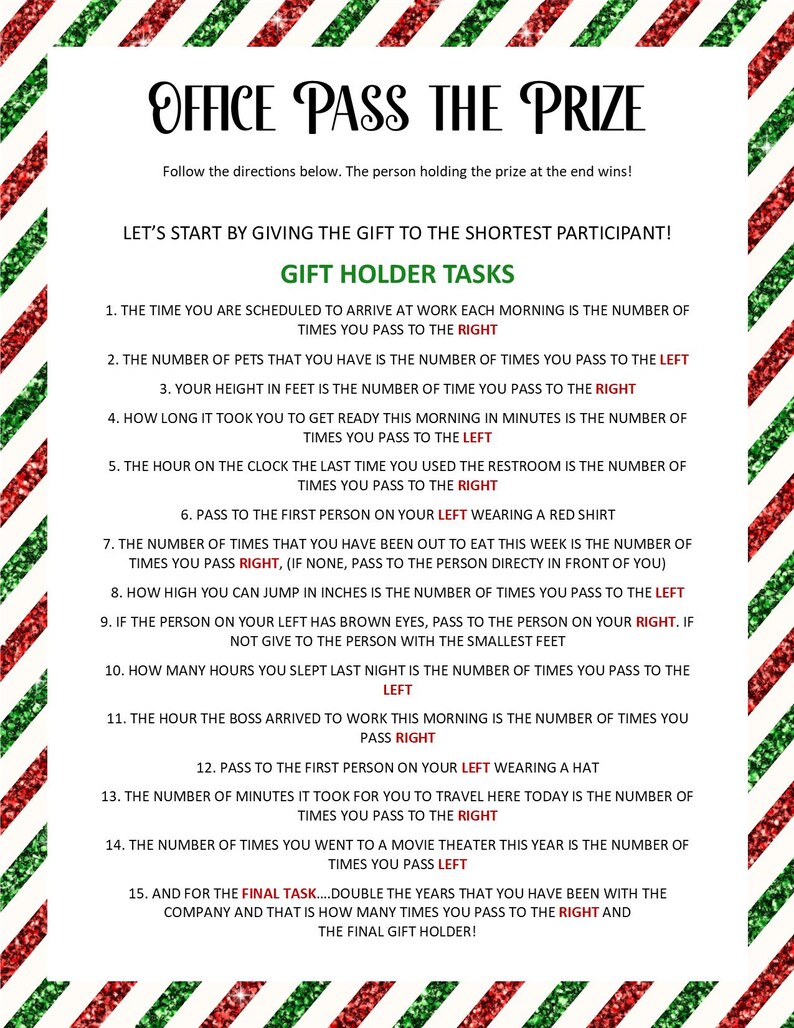 Holiday Office Party Game - Pass the Prize Printable Edition for Team ...
