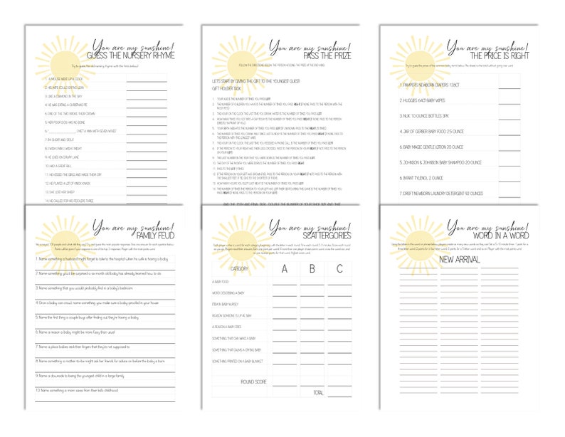 Sunshine Baby Shower Games, Printable Minimalist Baby Game Bundle - Etsy