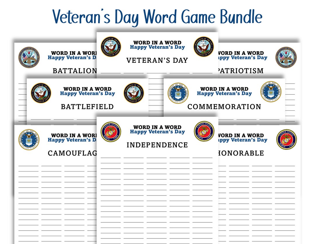 Veterans Day Word in a Word Games: 8 Printable Puzzles - Etsy