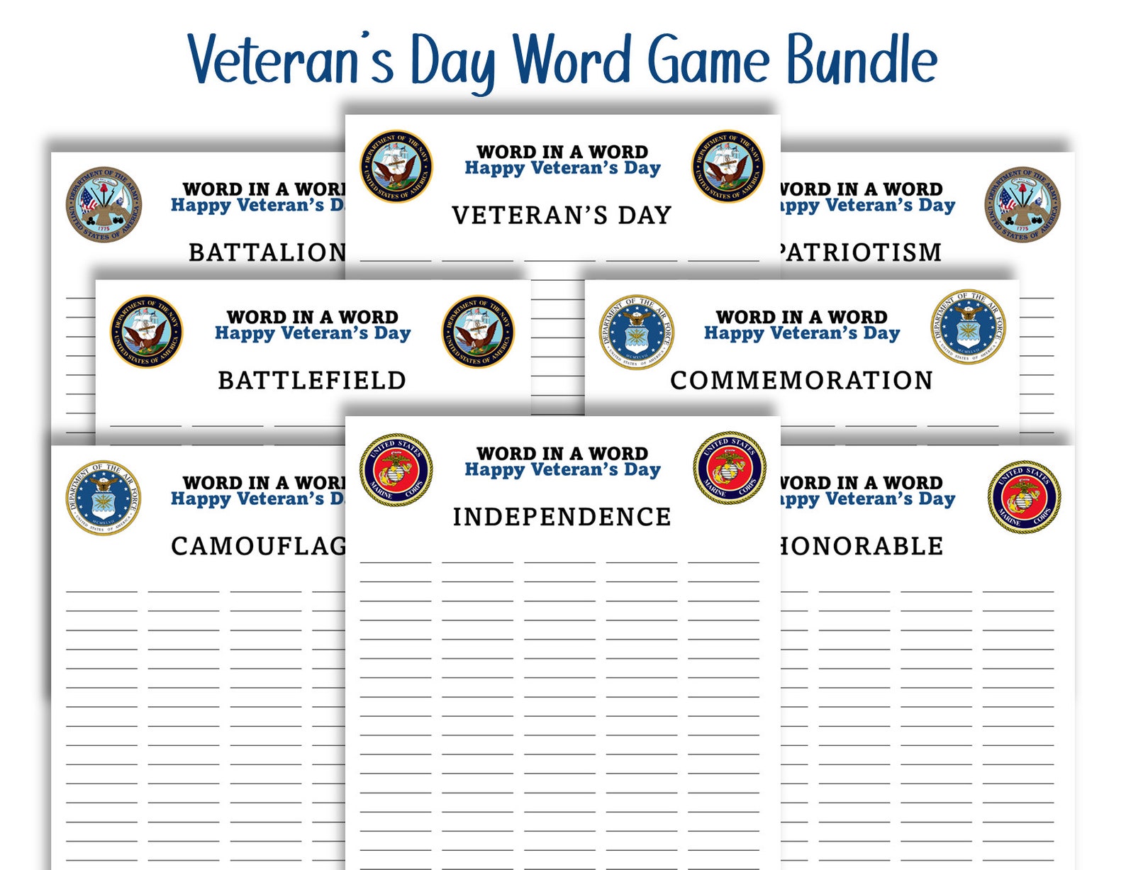 Veterans Day Word in a Word Games: 8 Printable Puzzles - Etsy
