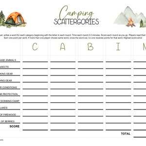 Camping Adventure Scattergories Extravaganza - 5 Printable Camping ...