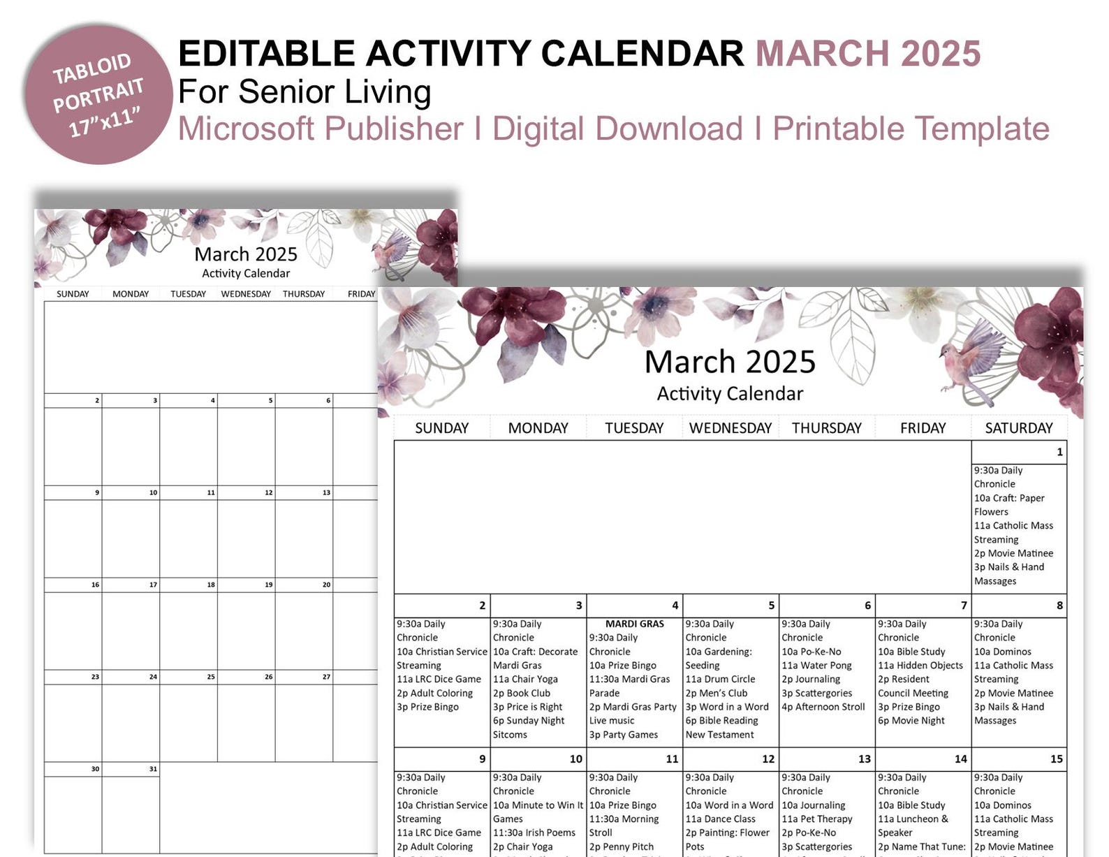 March 2025 Editable Monthly Activities Calendar for Senior Living ...