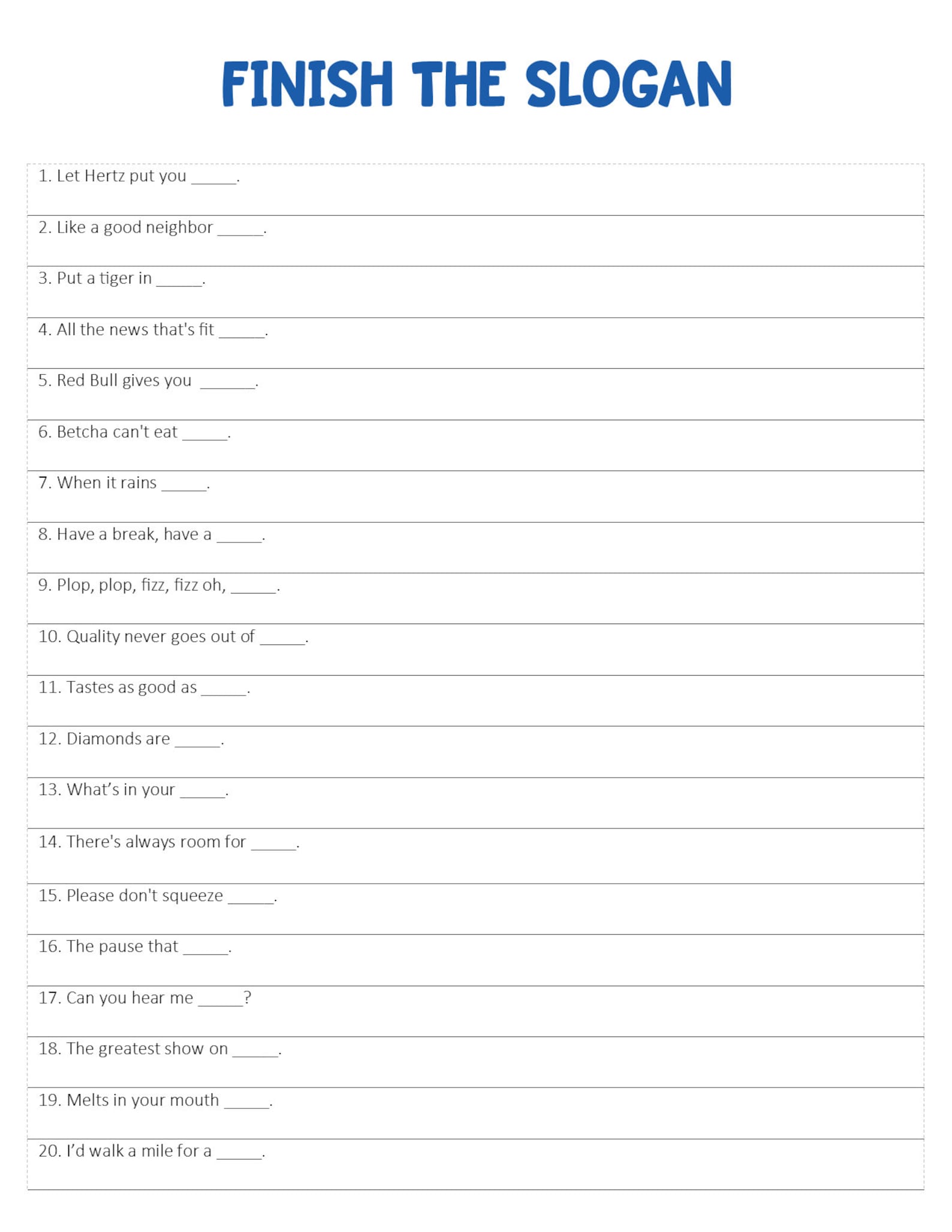 Printable Finish the Slogan Trivia Game - Fun & Interactive Party ...