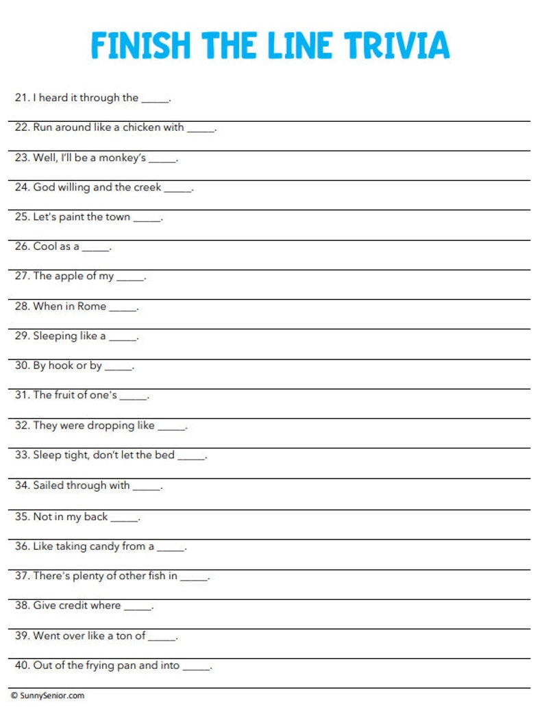Easy Trivia Bundle Printable Finish the Line and Random Trivia - Etsy Easy Trivia Bundle Printable Finish the Line and Random Trivia - Etsy