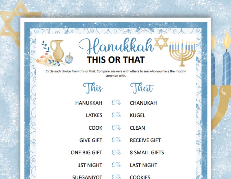 Hanukkah This or That Game, Printable Chanukah Games for Kids, Adults ...