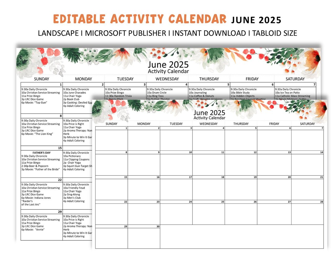 June 2025 Editable Monthly Activities Calendar for Senior Living ...