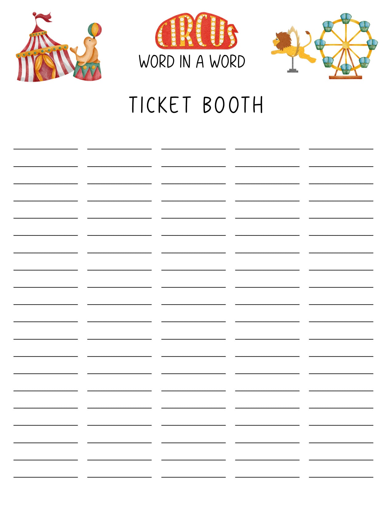 Circus Carnival Word Game Sheets: Printable Fun for Spectacular ...