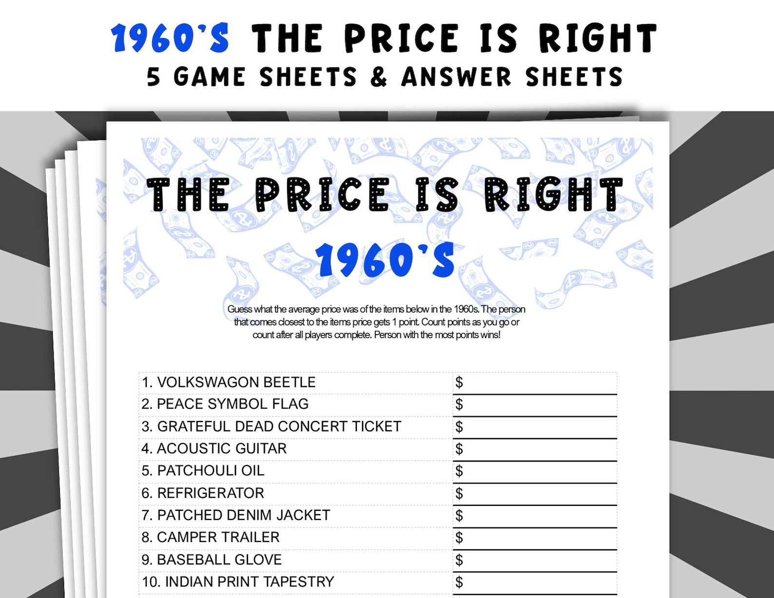 Printable 1960's the Price is Right Game: Bring the Classic Game Show ...