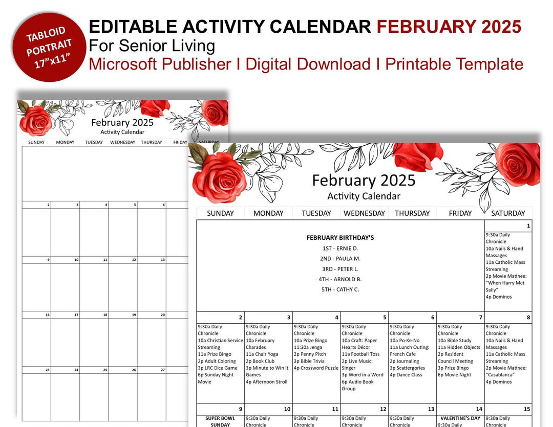 February 2025 Editable Monthly Activities Calendar for Senior Living ...
