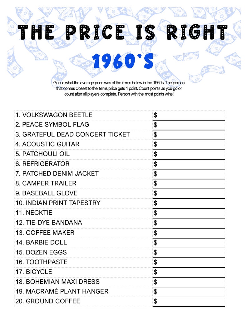 Printable 1960's the Price is Right Game: Bring the Classic Game Show ...