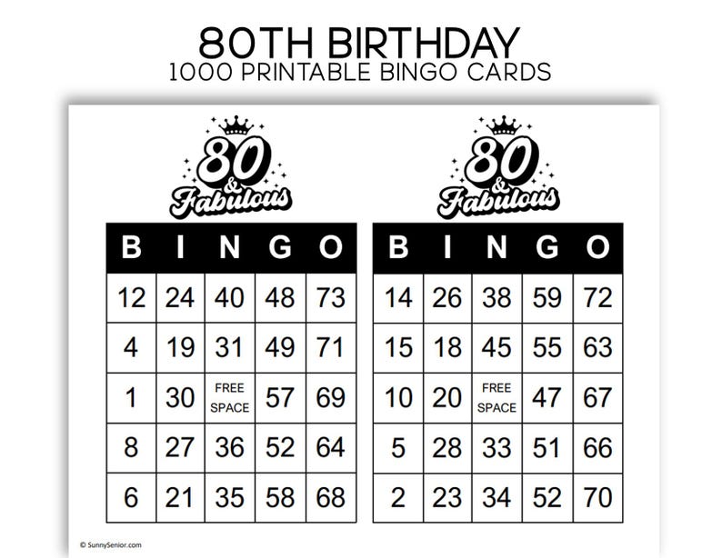 80th Birthday Printable Bingo Cards - Set of 1000 - Etsy