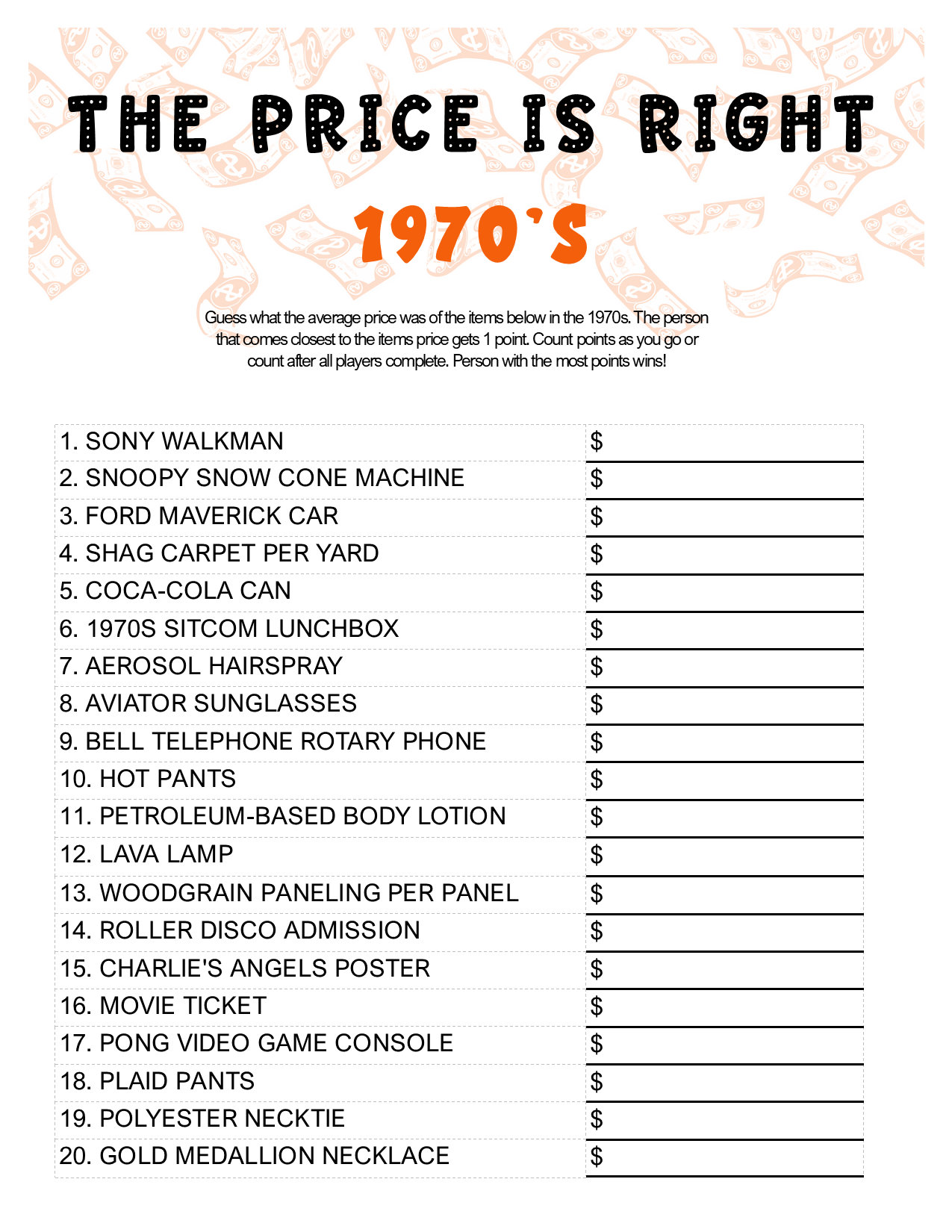 Printable 1970's the Price is Right Game: Bring the Classic Game Show ...