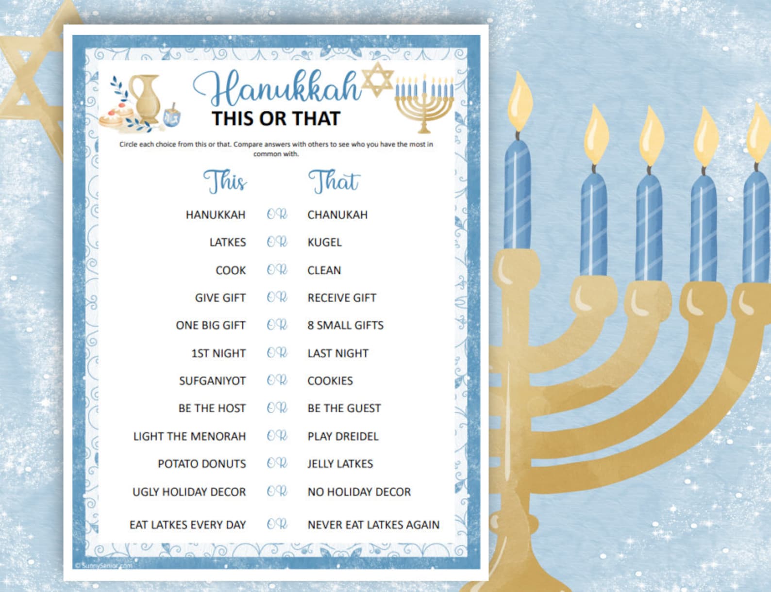 Hanukkah This or That Game, Printable Chanukah Games for Kids, Adults ...