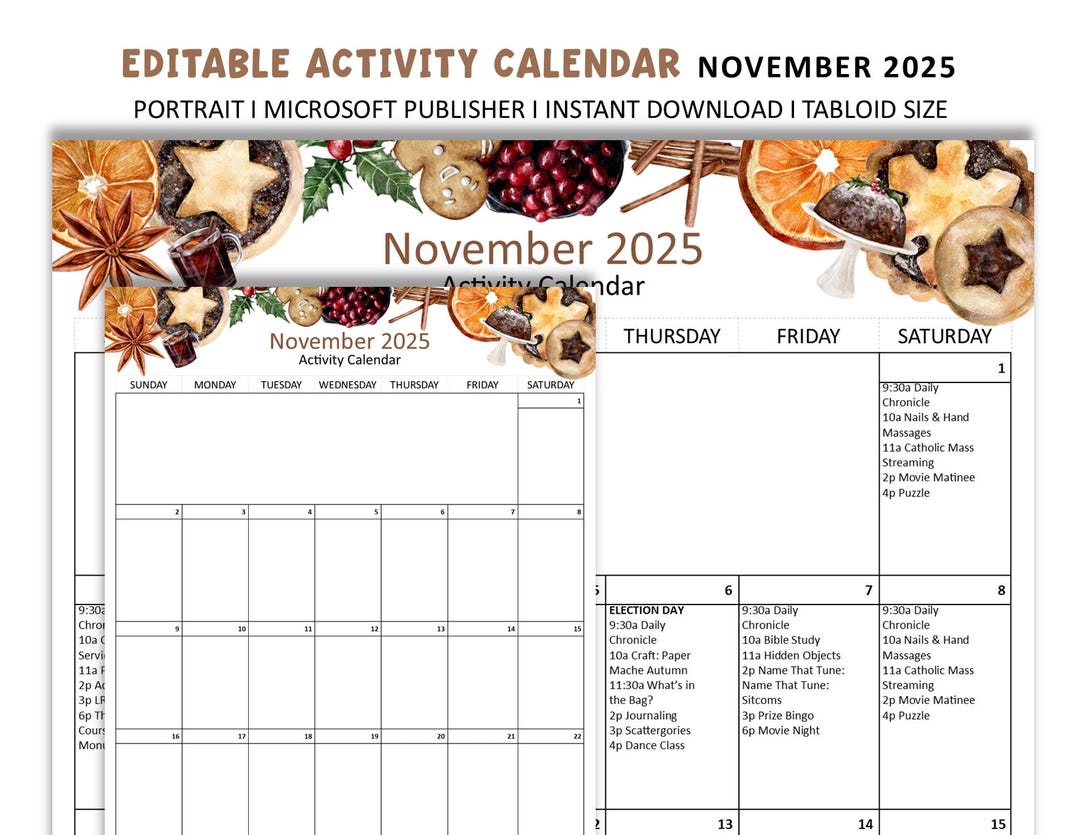 Editable November 2025 Senior Living Activity Calendar (tabloid 11" X ...
