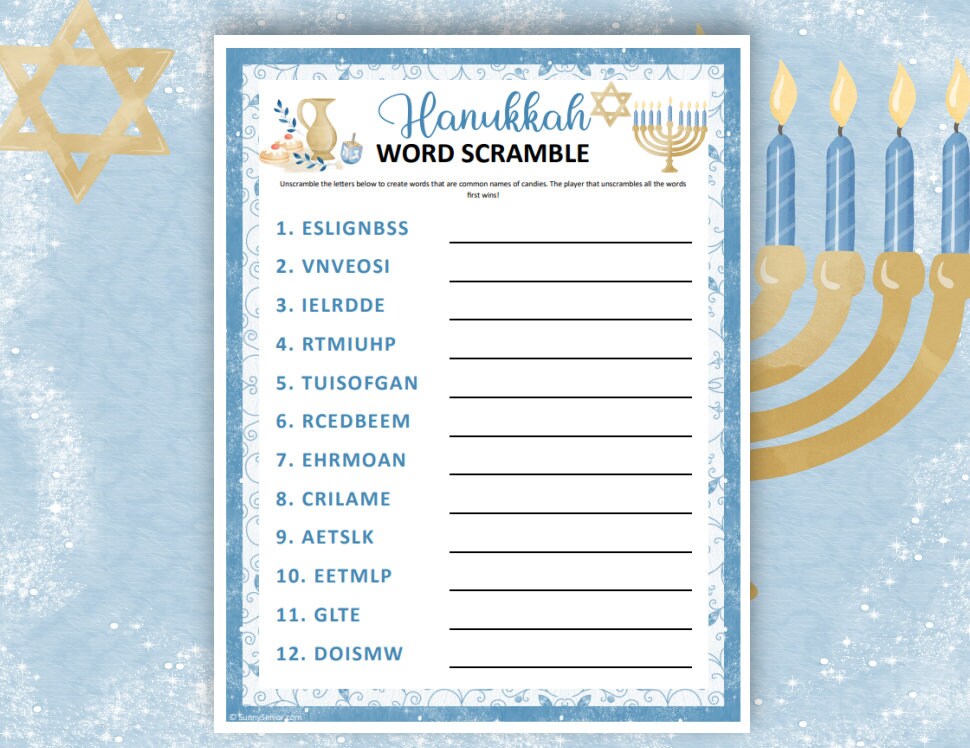 Hanukkah Games Word Scramble, Printable Chanukah Games for Kids, Adults ...