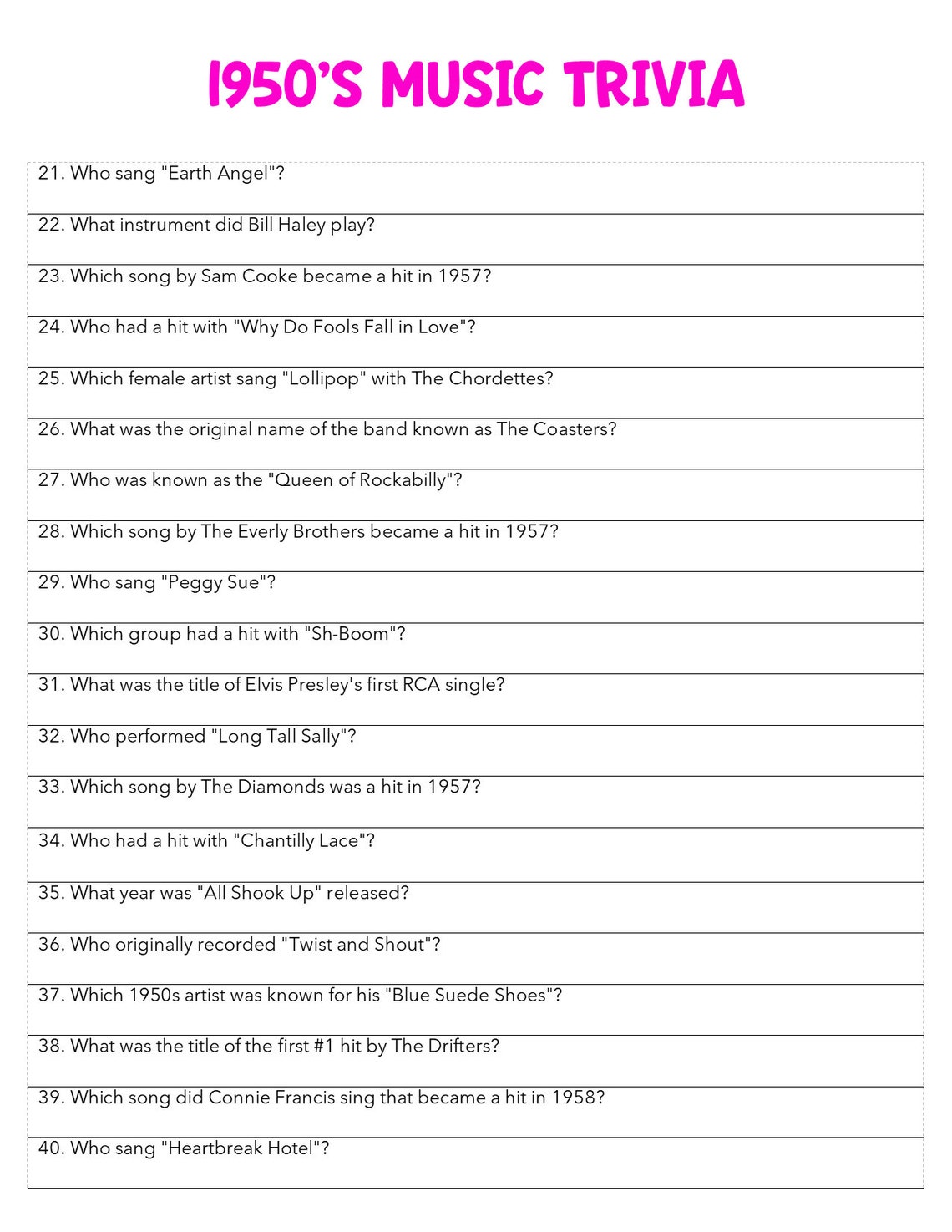 1950s Music Trivia: 100 Printable Questions for a Rockin' Retro Quiz ...