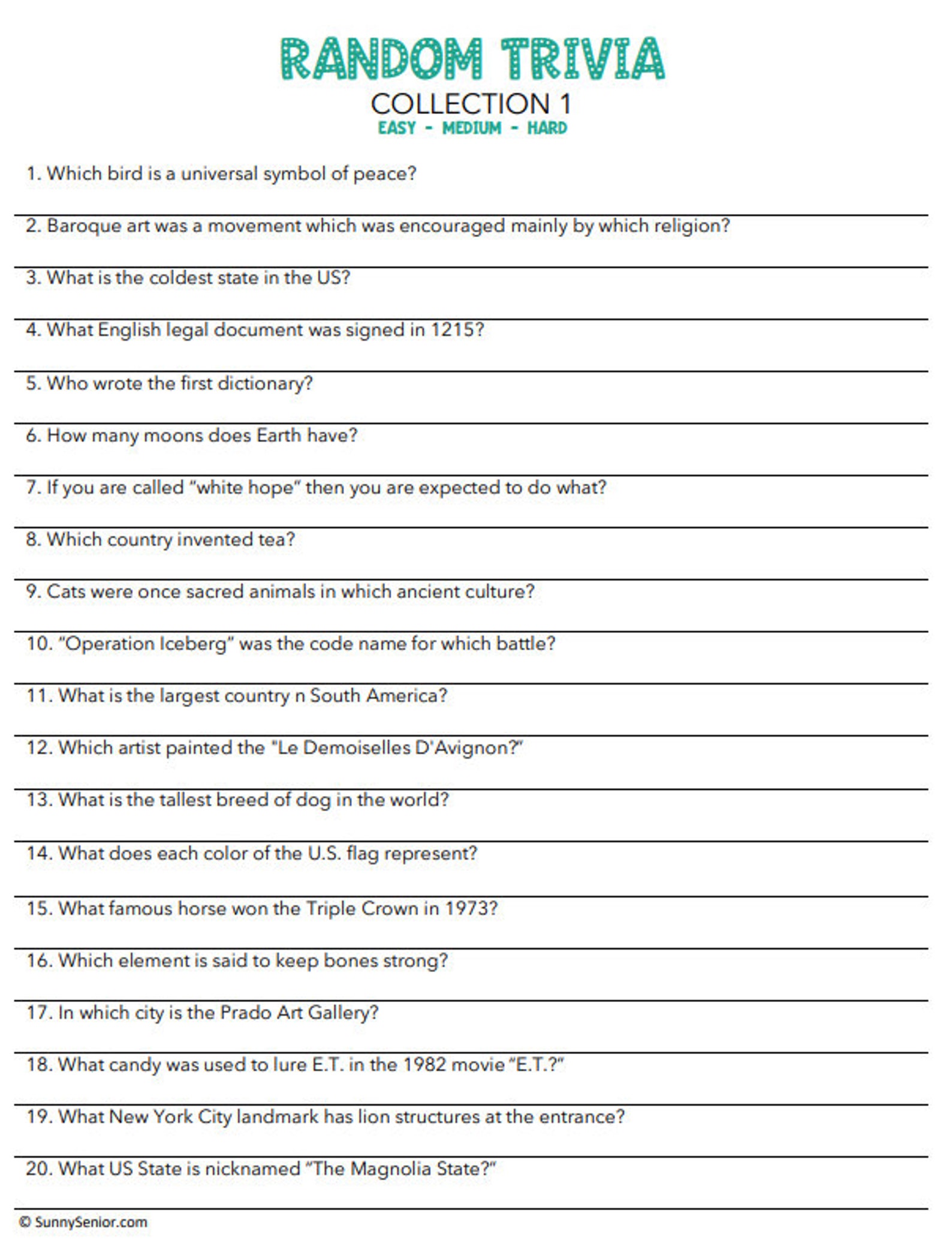 1200 Random Trivia Questions, Printable PDF, Designed for Seniors ...