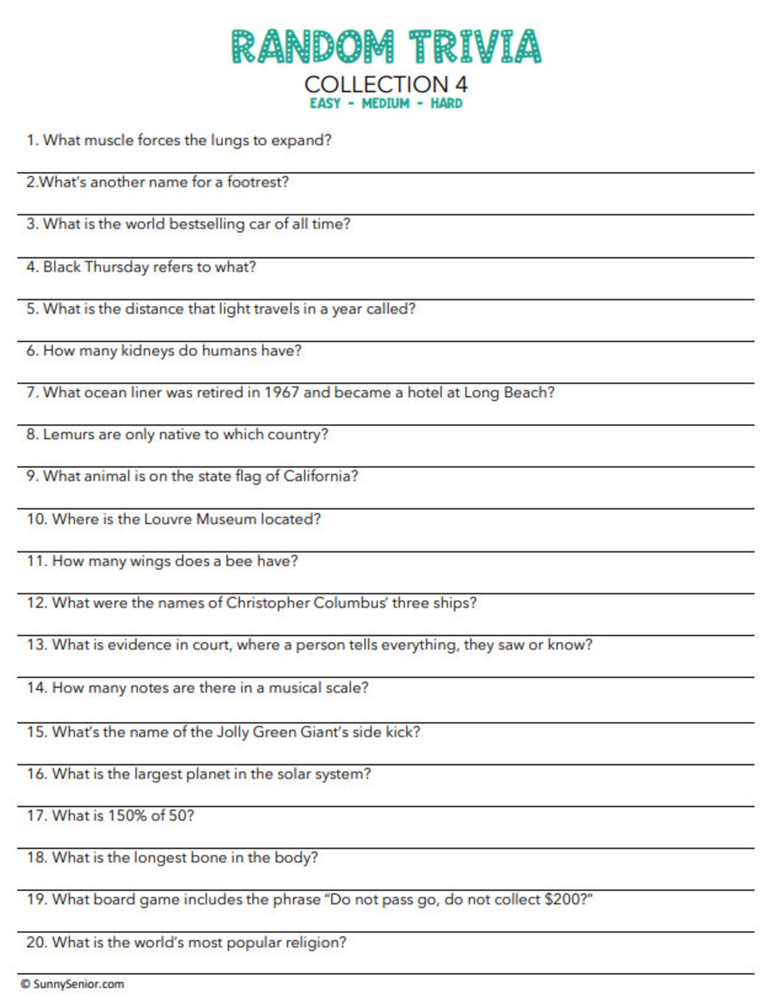 1200 Random Trivia Questions, Printable PDF, Designed for Seniors ...