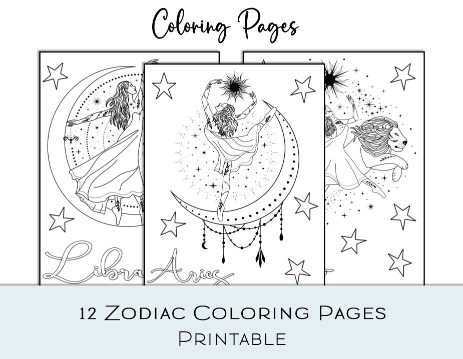 12 Easy Zodiac Horoscope Coloring Pages Dancing Moon Instant Digital ...