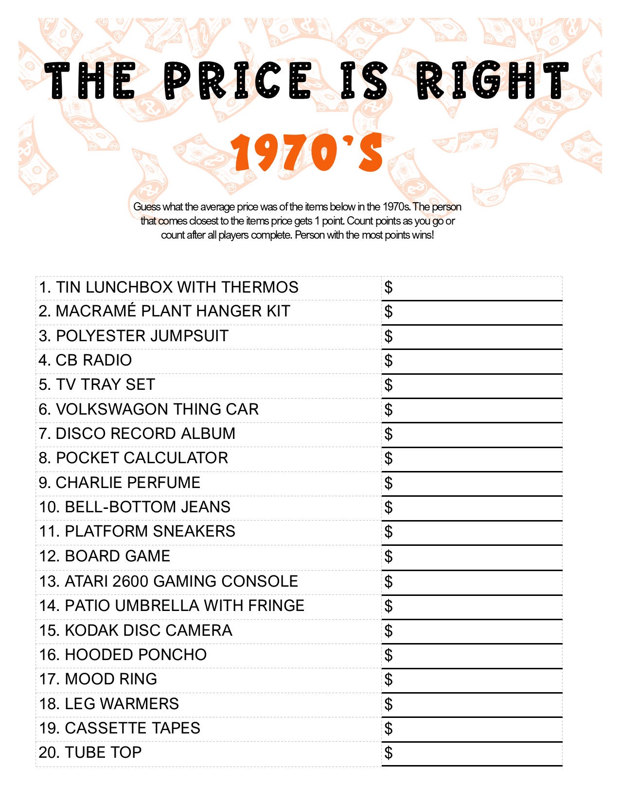 Printable 1970's the Price is Right Game: Bring the Classic Game Show ...