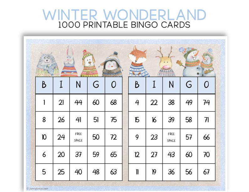 1000 Winter Bingo Cards Printable for Kids Winter Wonderland Party Game ...