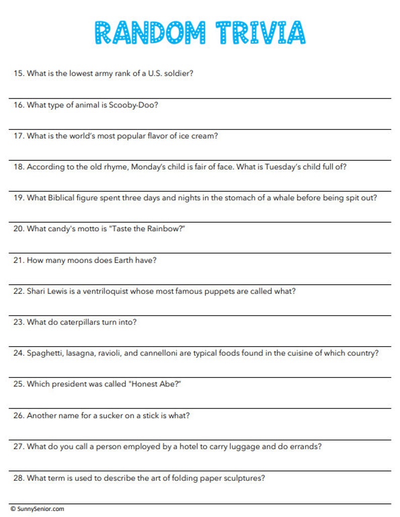 Easy Trivia for Dementia, Printable Memory Care Activities, Alzheimer's ...