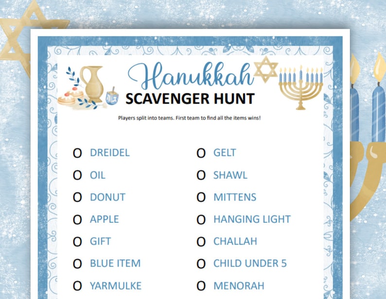 Hanukkah Scavenger Hunt, Printable Chanukah Games for Kids, Adults and ...