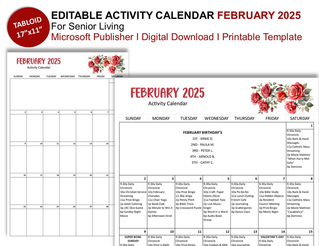 February 2025 Editable Monthly Activities Calendar for Senior Living ...